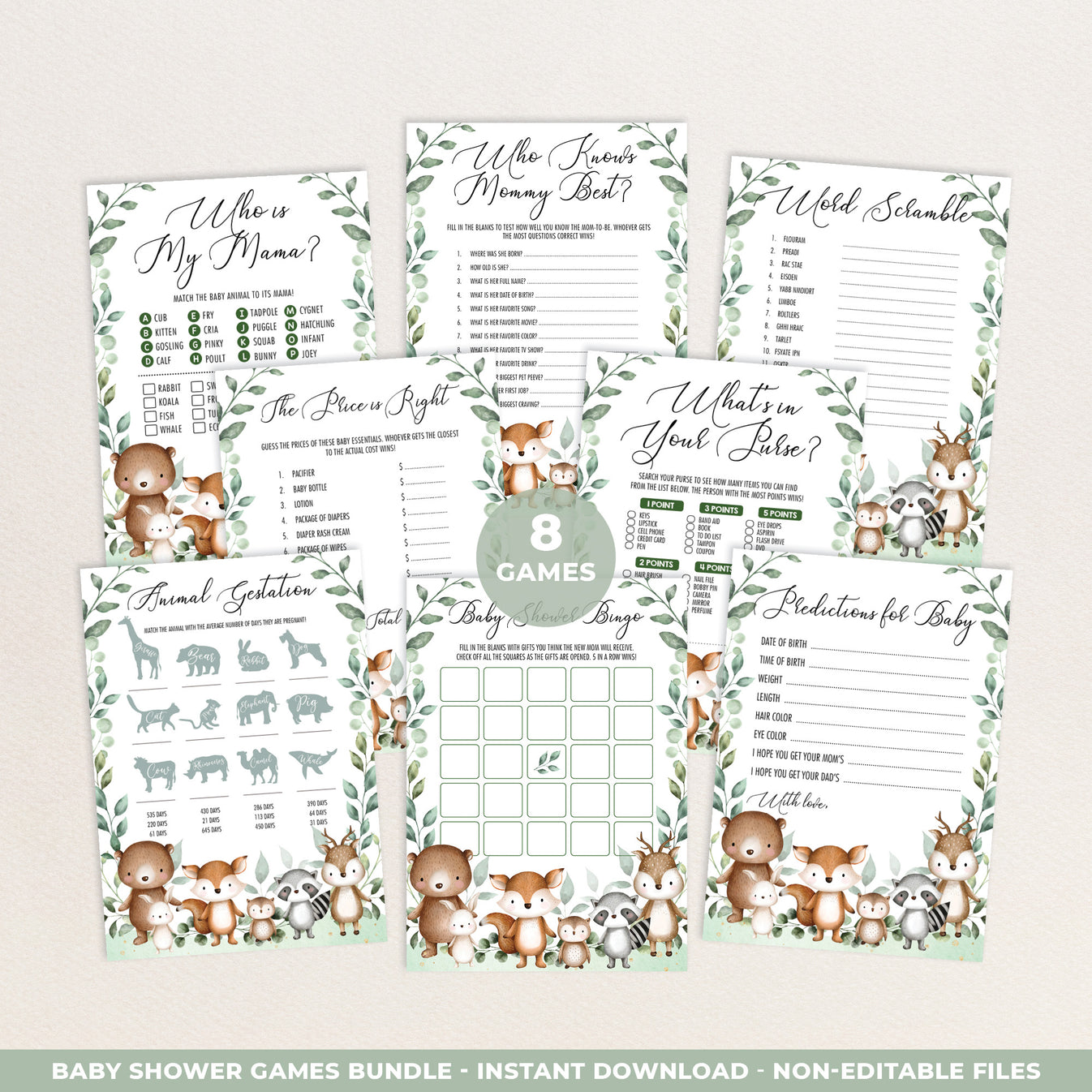 Greenery Woodland Baby Shower Games Bundle – Blue Bunny Paper