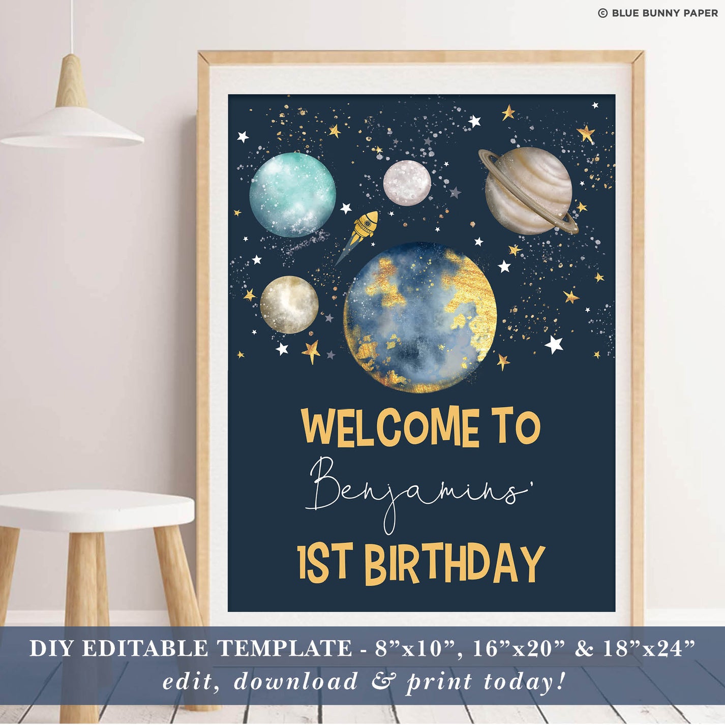Galaxy Outer Space Birthday Welcome Sign – Blue Bunny Paper