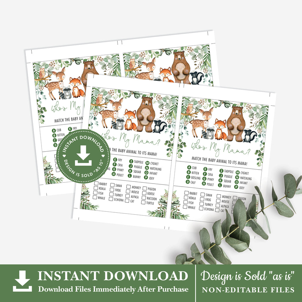 Who's My Mommy Woodland Baby Shower Game – Blue Bunny Paper