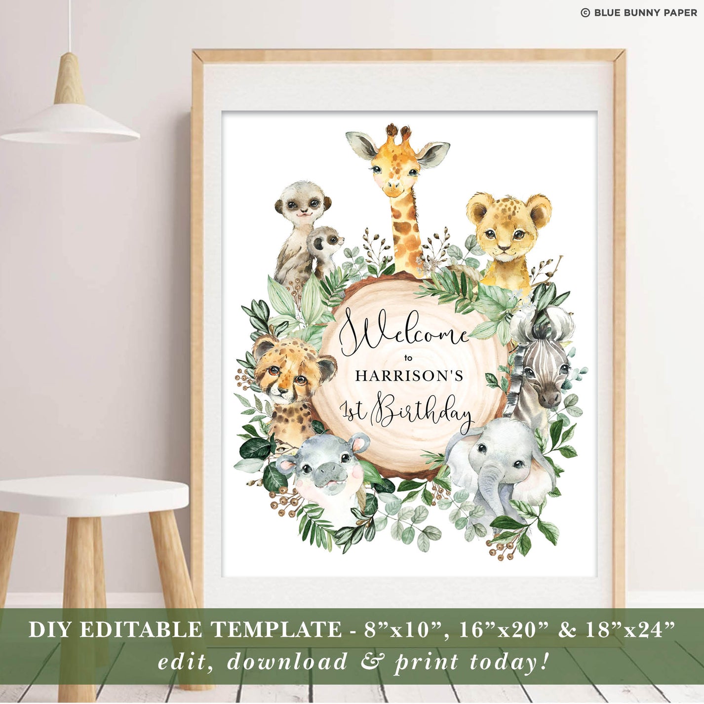 Safari Animals Party Welcome Sign – Blue Bunny Paper